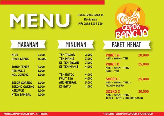 Menu at Ayam Gepuk Bang Jo restaurant, Balaraja