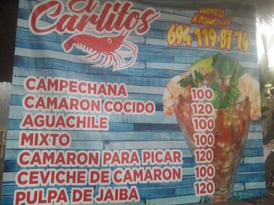 Menu at Mariscos Carlitos restaurant, El Pozole