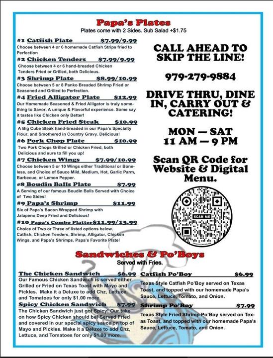 Menu at Papa's Kitchen restaurant, Hearne