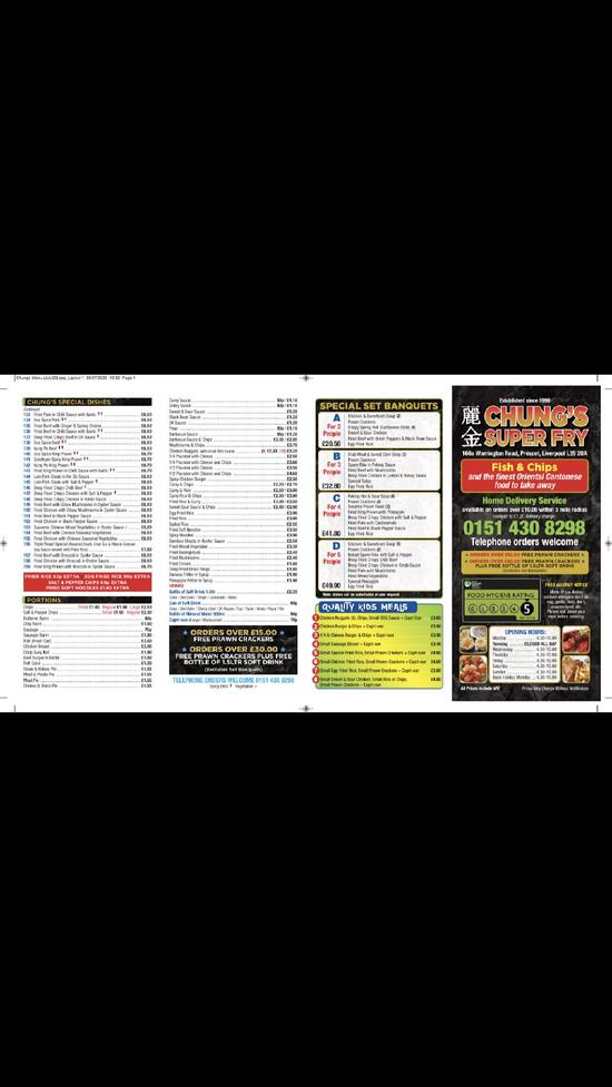 Menu at Chung's Super Fry restaurant, Prescot