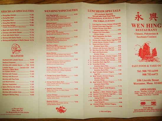 Menu at Wen Hing Restaurant, Worcester