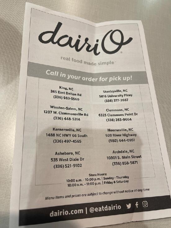 Menu at Dairi-O of Stanleyville restaurant, Winston-Salem, University Pkwy