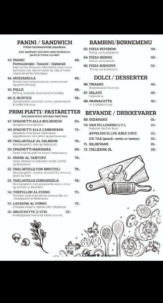 Menu at Pizzeria Il Rustico, Copenhagen