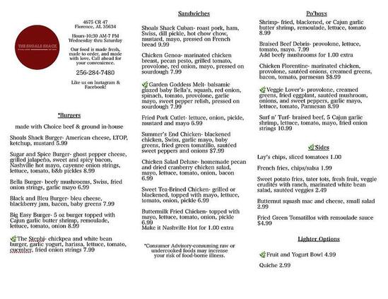 Menu at The Shoals Shack restaurant, Saint Florian