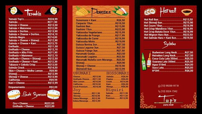 Menu at Top'z Japafood, Santos
