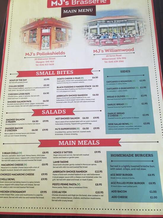 Menu at MJ's Brasserie restaurant, Glasgow