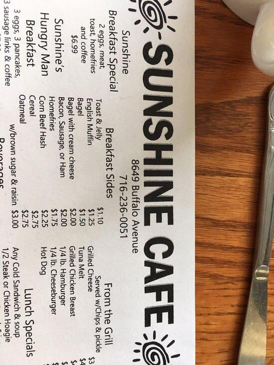 Menu at Sunshine Cafe, Niagara Falls