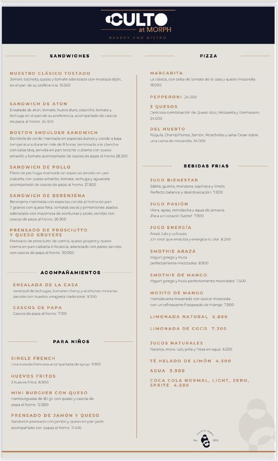 Menu at Culto at Morph, Bogotá
