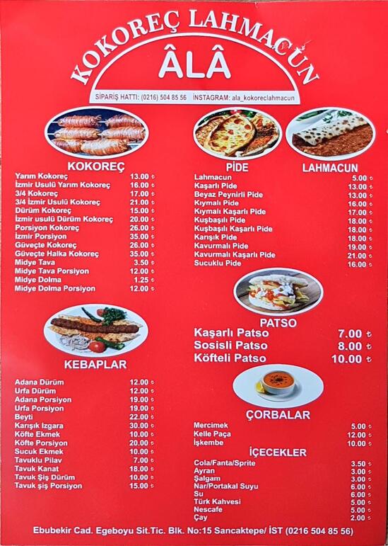 Menu at ALA Kokoreç Lahmacun, Istanbul