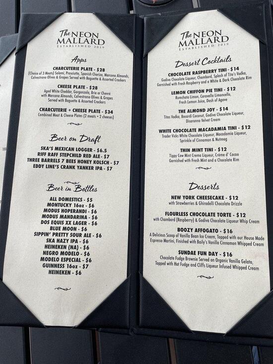 Menu at Neon Mallard pub & bar, Pagosa Springs