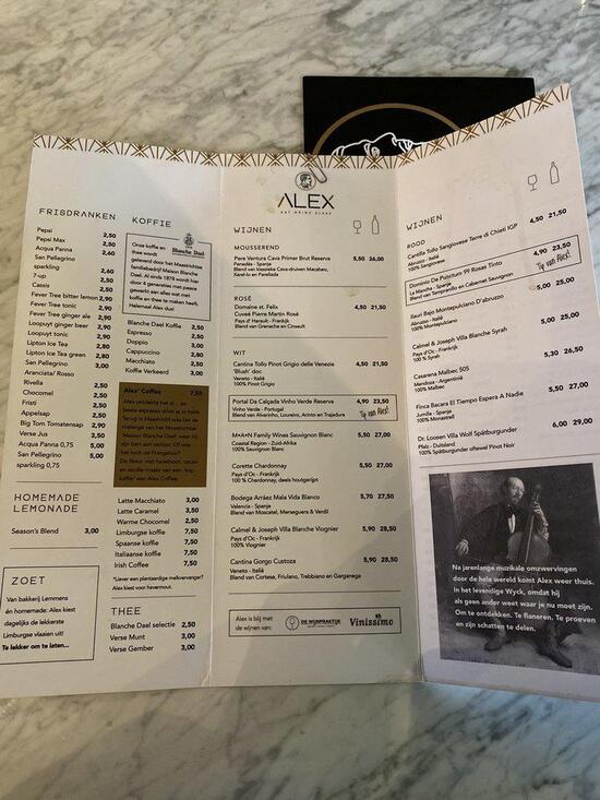 Menu at Alex Maastricht, Maastricht