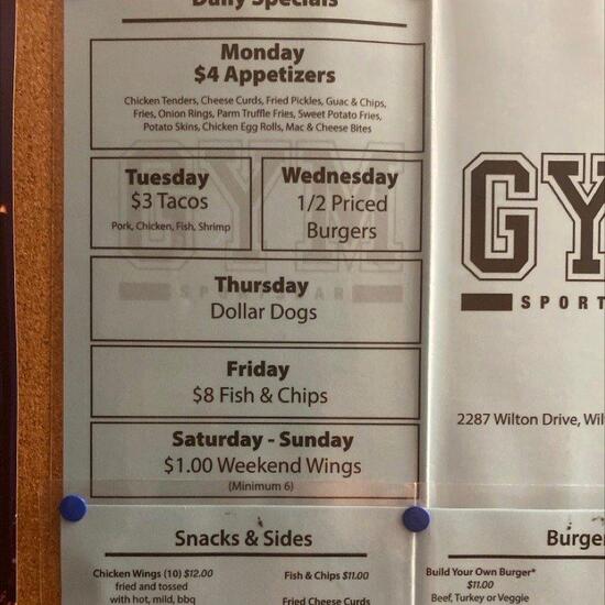 Menu at Gym Sportsbar, Wilton Manors