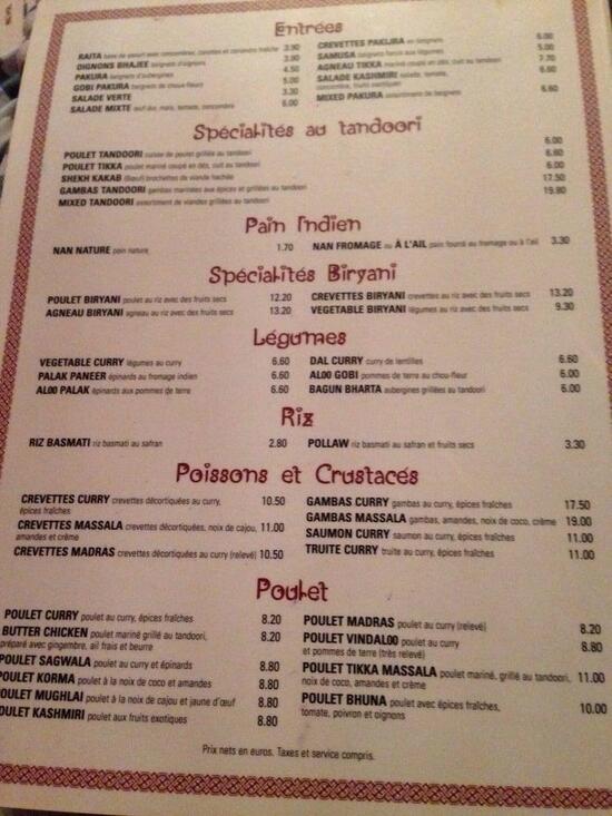 Menu at KASHMIR restaurant, Fontainebleau