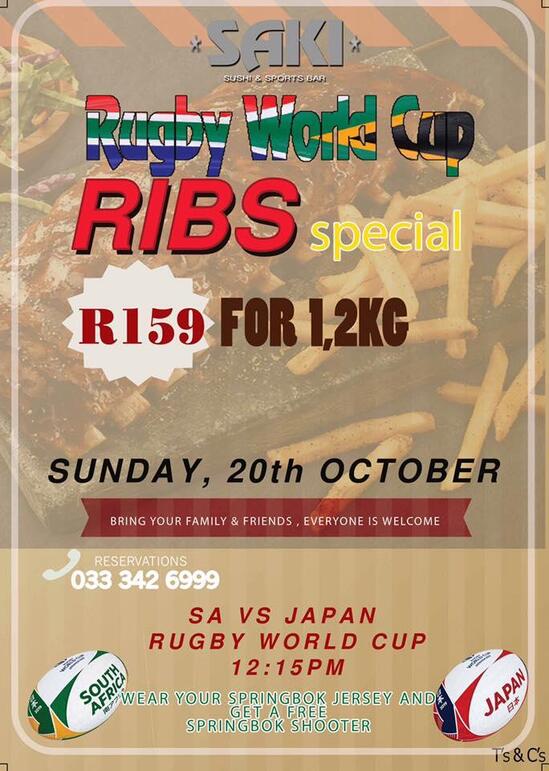 Menu at Saki Sports Bar, Pietermaritzburg