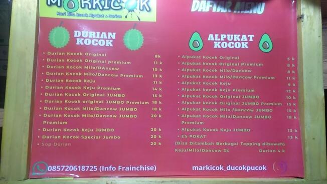Menu at Durian & Alpukat kocok markicok cafe, Tangerang