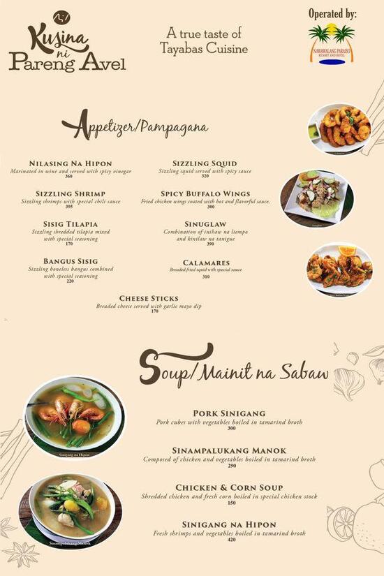 Menu at Kusina ni Pareng Avel Operated by: Nawawalang Paraiso Resort ...