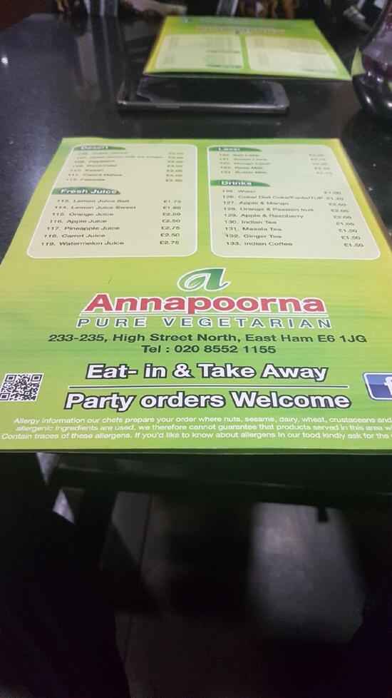 Menu at Annapoorna restaurant, London