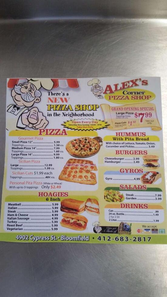 Menu at Alex's Corner Pizza Shop pizzeria, Pittsburgh
