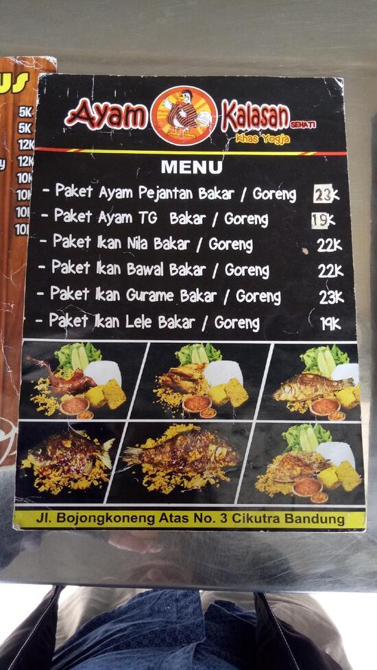 Menu at Ayam Kalasan Khas Yogya Sehati restaurant, Bandung