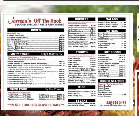 Menu at Jarreau's off the hook restaurant, USA