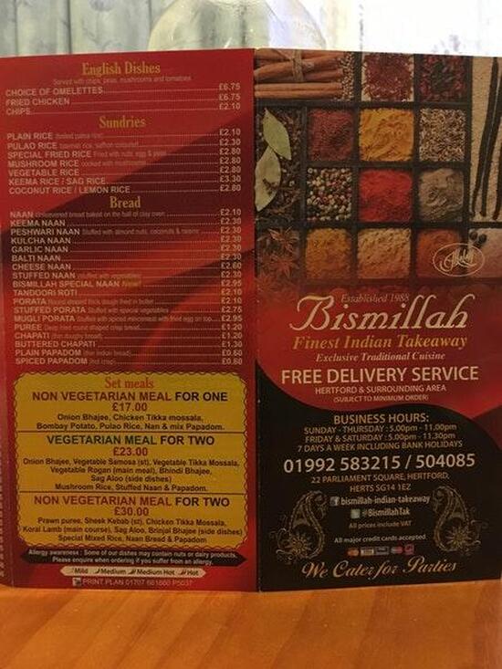 Menu at Bismillah restaurant, Hertford
