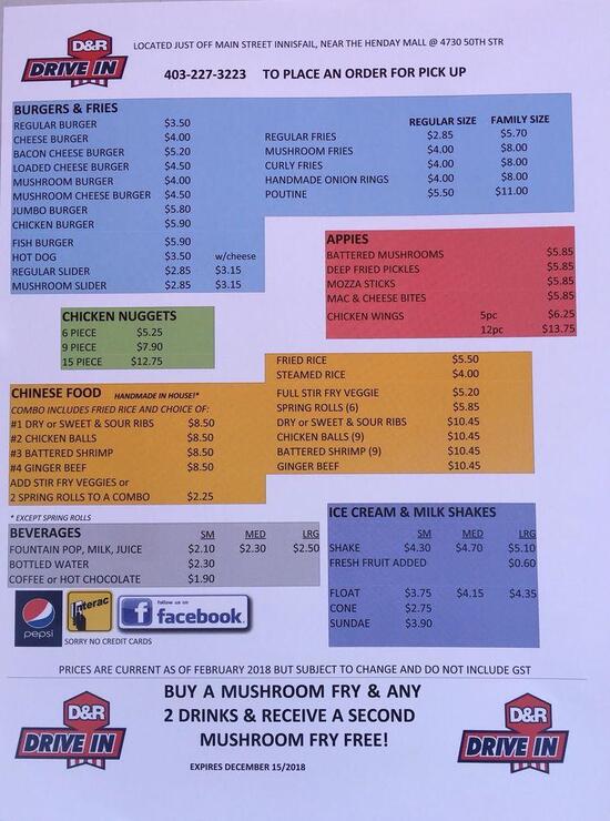 Menu at D & R Drive-In fast food, Innisfail