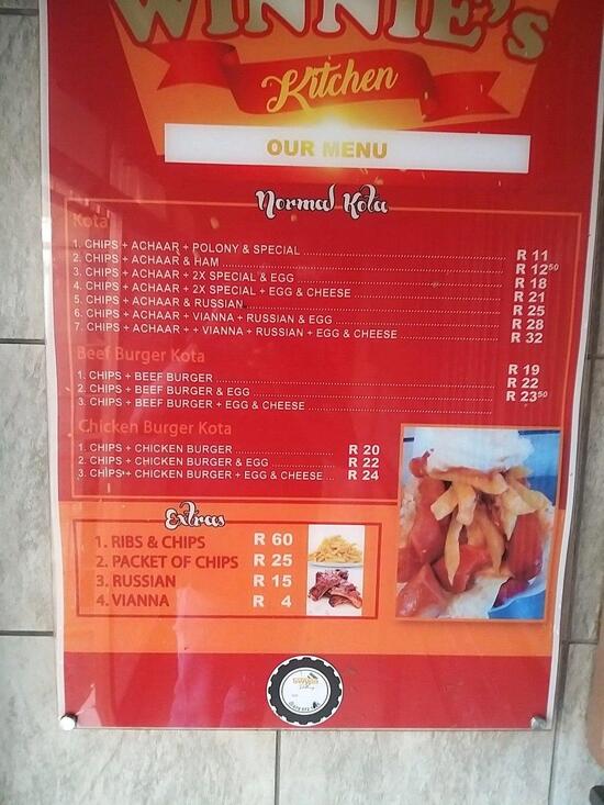 Menu at Winnie's Tuckshop restaurant, Tembisa