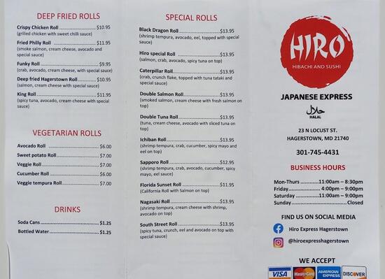Menu at Hiro Japanese Express restaurant, Hagerstown