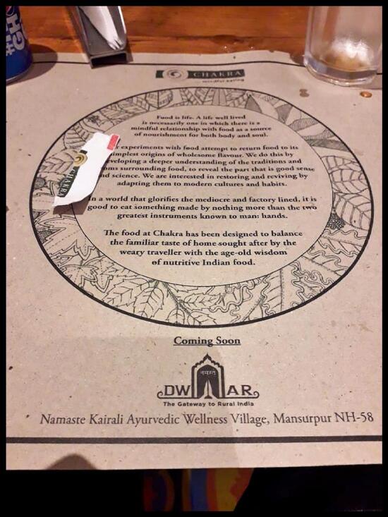 Menu at Chakra, Delhi