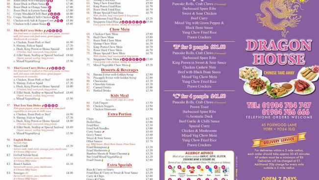 Menu at The Dragon House fast food, York
