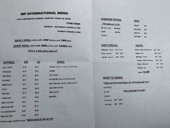 Menu at MP island cafe, Newport News, 203 Richneck Rd