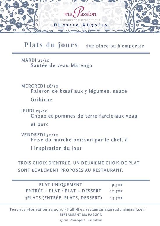 Menu au Restaurant Ma Passion Salenthal, Salenthal
