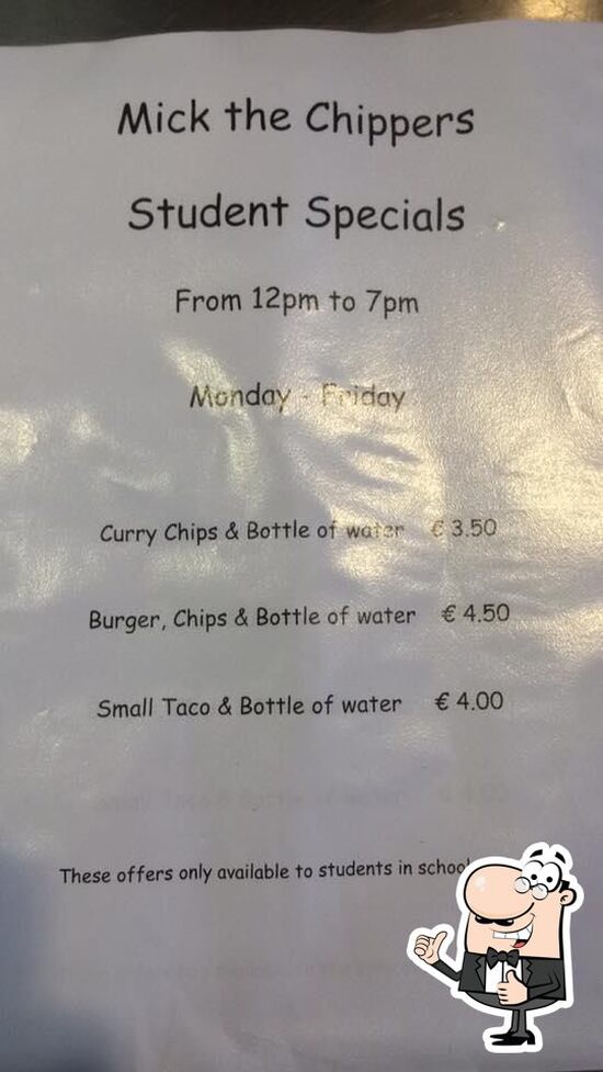 Menu at Mick The Chippers restaurant, Bunclody
