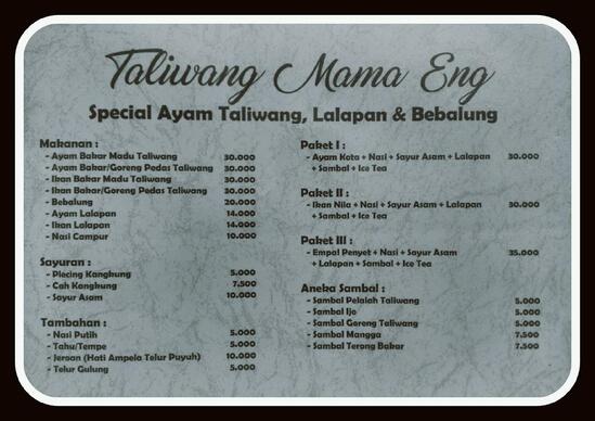Menu at Taliwang Mama Eng restaurant, Mataram