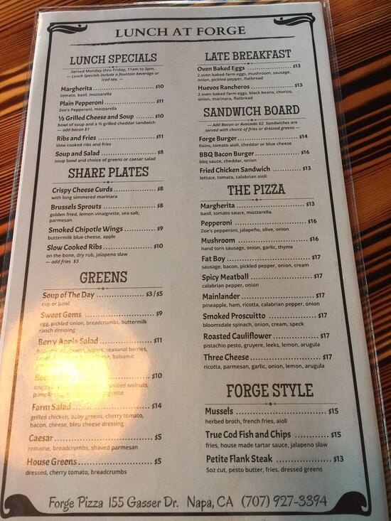 Menu at The Forge Handcrafted Pizza and Brewpub Napa, Napa