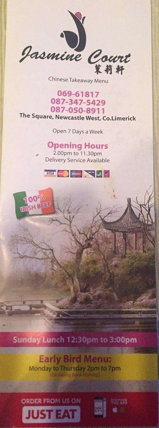 Menu at Jasmine court chinese restaurant, Newcastle West, Bishop St