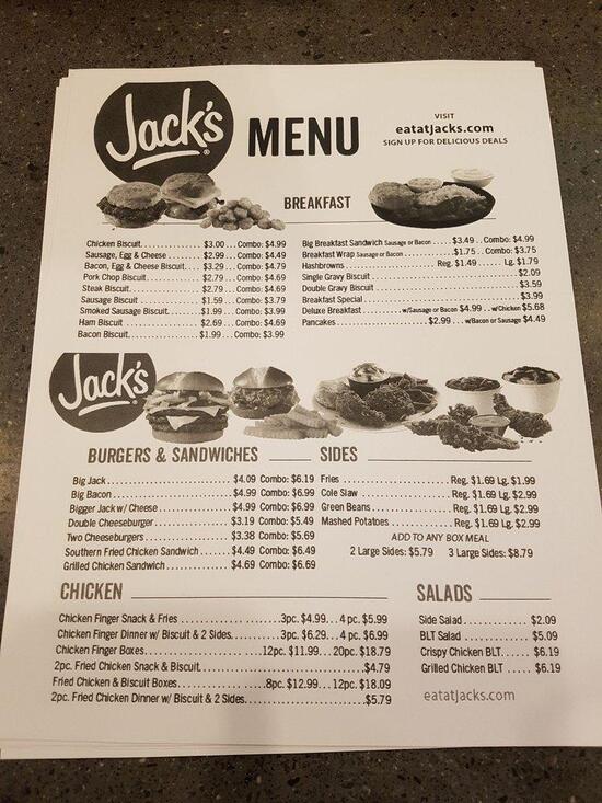 Menu at Jack's fast food, Chattanooga, Hixson Pike