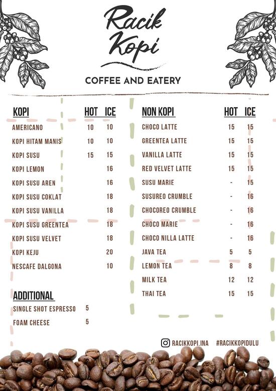 Menu at Racik Kopi, Coffee & Eatery, Jonggol