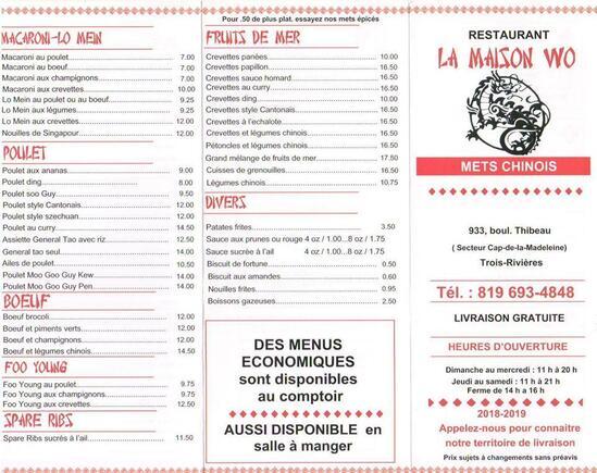 Menu au La Maison Wo restaurant, Trois-Rivières