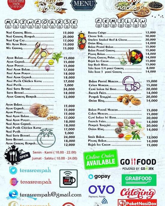 Menu at Teras Rempah restaurant, Jakarta, Telp 021-3102408
