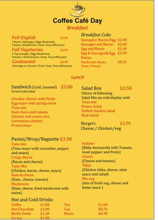 Menu at Coffee Cafe Day, Leicester
