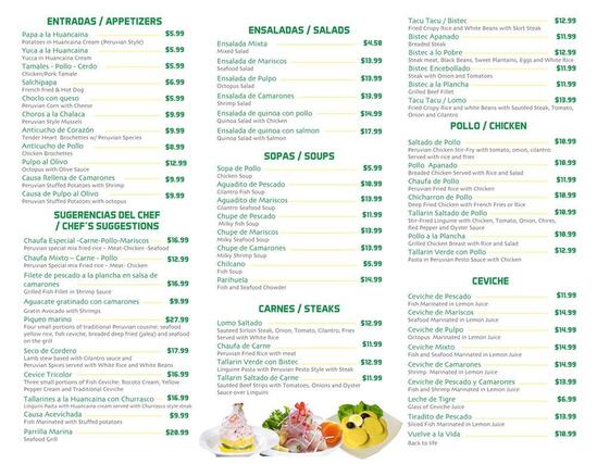 Menu at Antojos Peruanos restaurant, Miami Springs
