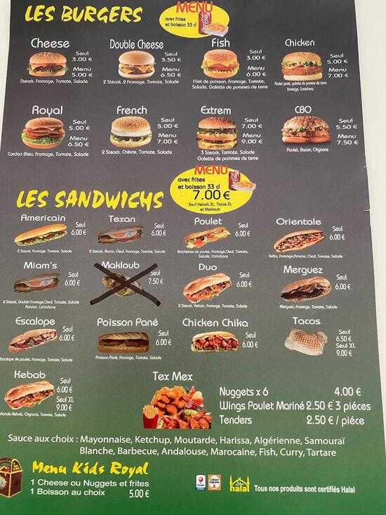 Menu at Royal Kebab restaurant, Vallauris
