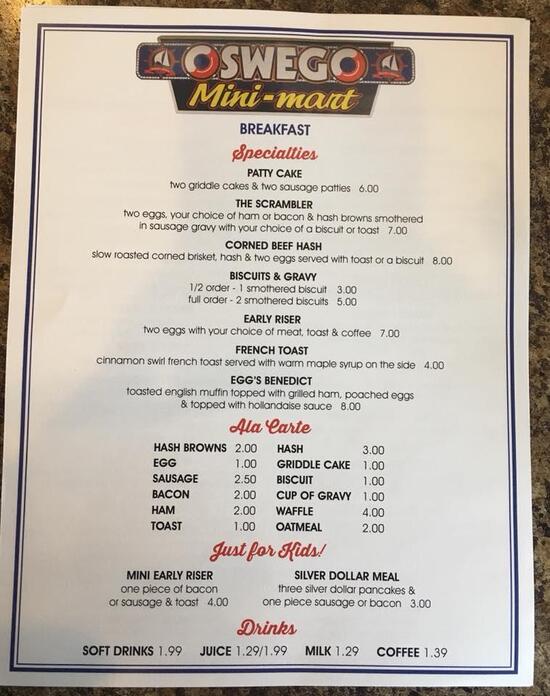 Menu at Oswego Mini Mart & Cafe, USA