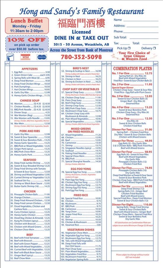 Menu at Hong & Sandy's Family Restaurant, Wetaskiwin