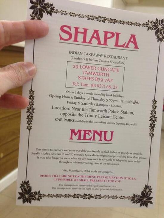 Menu at Shapla Indian Take Away fast food, Tamworth