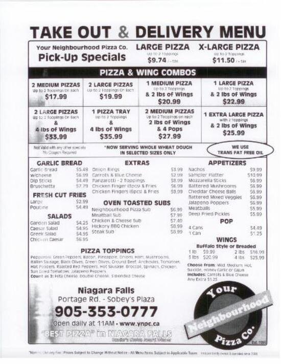 Menu at Your Neighbourhood Pizza Company pizzeria, Niagara Falls ...