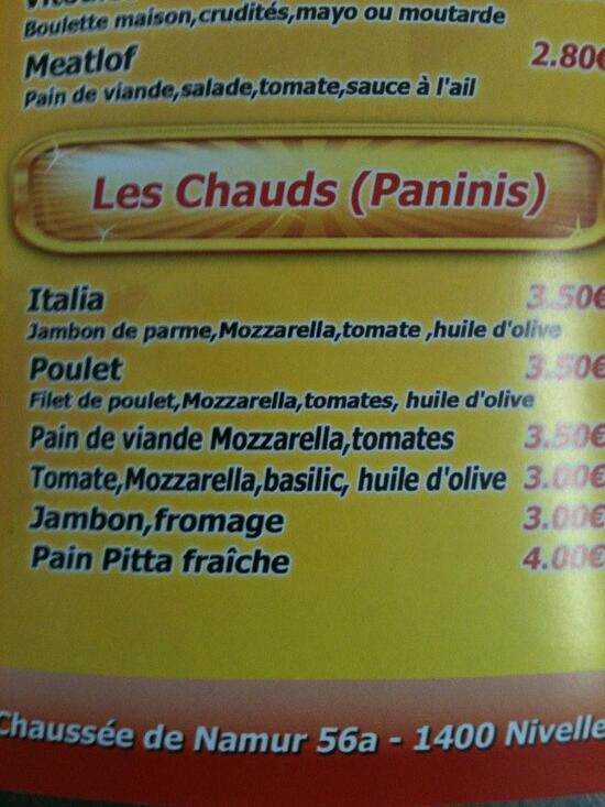 Sandwicherie Chez Manu Et Vanessa, Nivelles - Menu du restaurant, prix ...