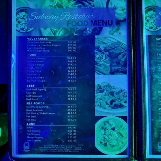 Menu at Subway Resto Bar, Legazpi City