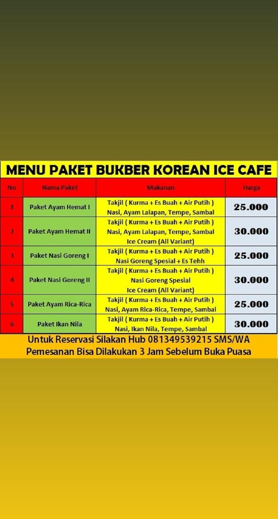 Menu at Korean Ice Cafe, Muara Jawa Ulu